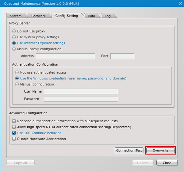 Quadcept Maintenance - Config Setting